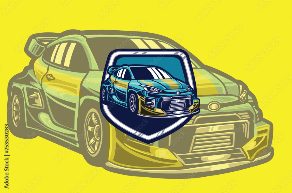 Rally car vector logo with blue and yellow accents against a blue ...