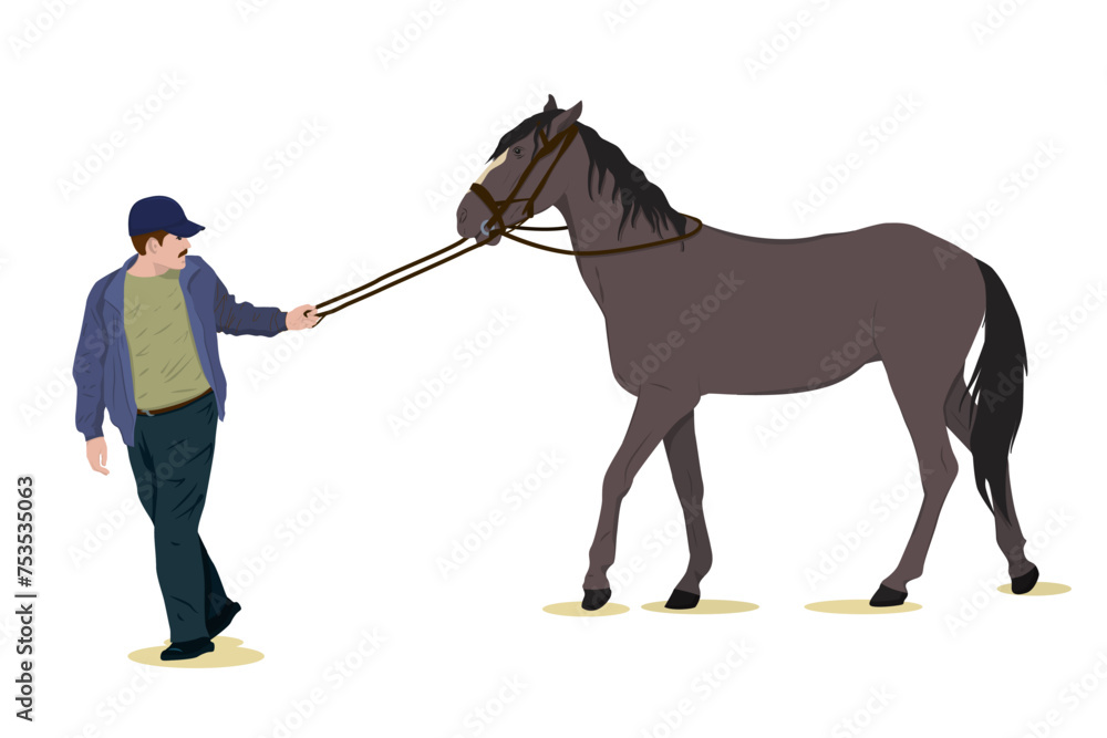 vector illustration of a man pulling a horse by the reins. Isolated on ...