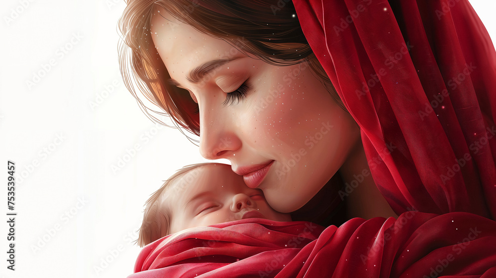 Tender digital painting of biblical Mary holding baby Jesus in a red ...