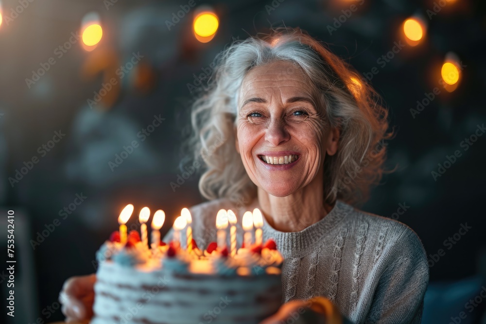 Happy Birthday! Older woman smiling while holding a cake with lit ...
