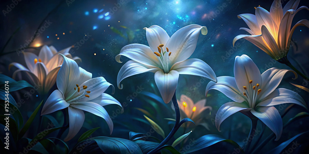 A banner with a dark background and white lily flowers. mourning is ...