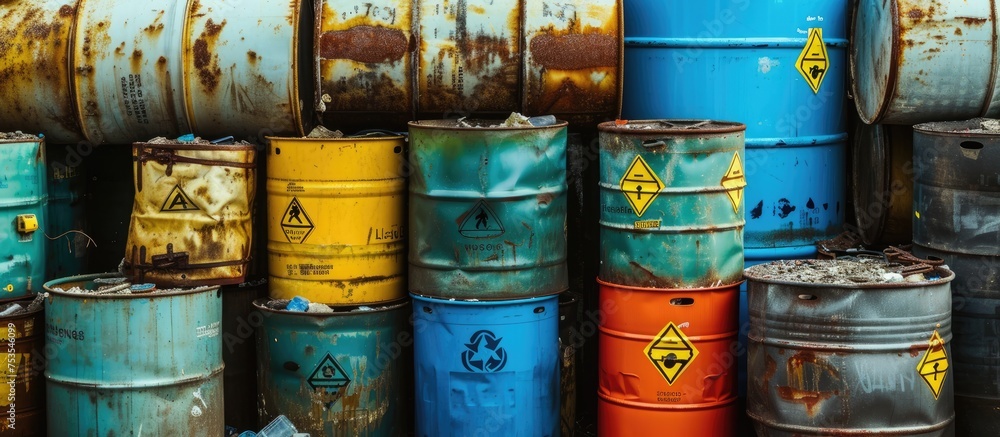 Toxic waste stored in various containers, including old chemical ...
