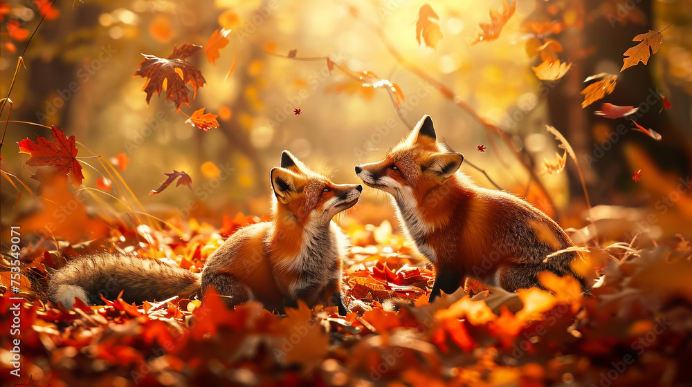 A pair of red foxes playing amidst vibrant autumn leaves, their fur ...