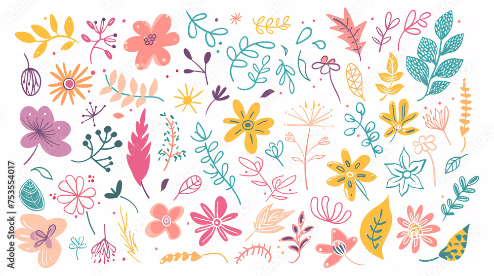 Floral doodle background vector set. Flower and leaves abstract shape ...
