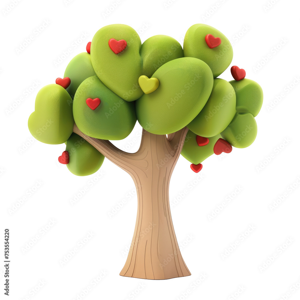 3d tree with red hearts, clay tree isolated on a transparent background ...
