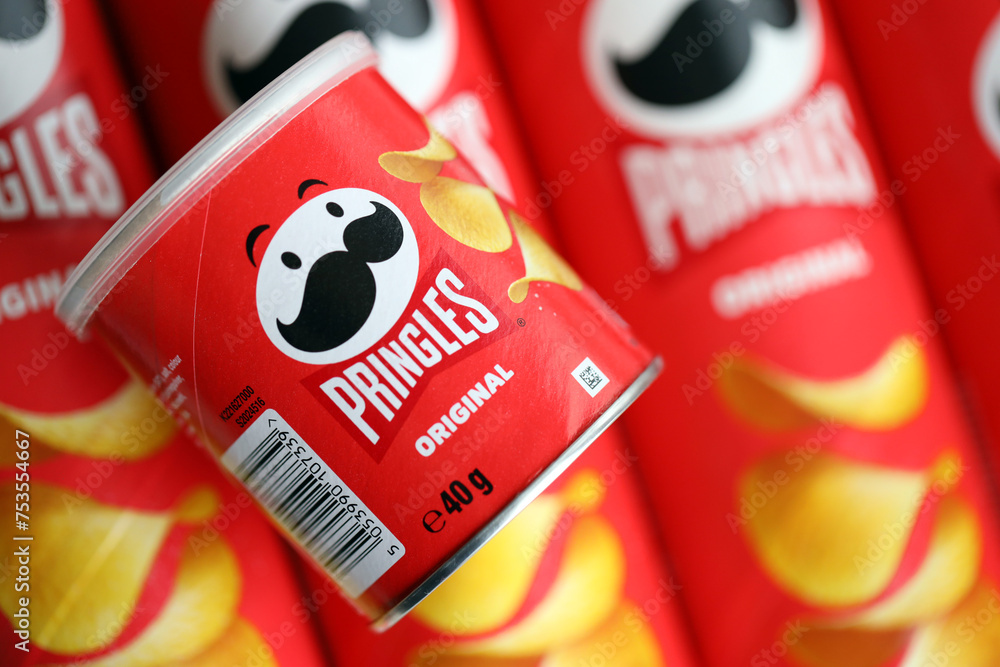 KYIV, UKRAINE - FEBRUARY 27, 2024 Pringles original potato chips on ...