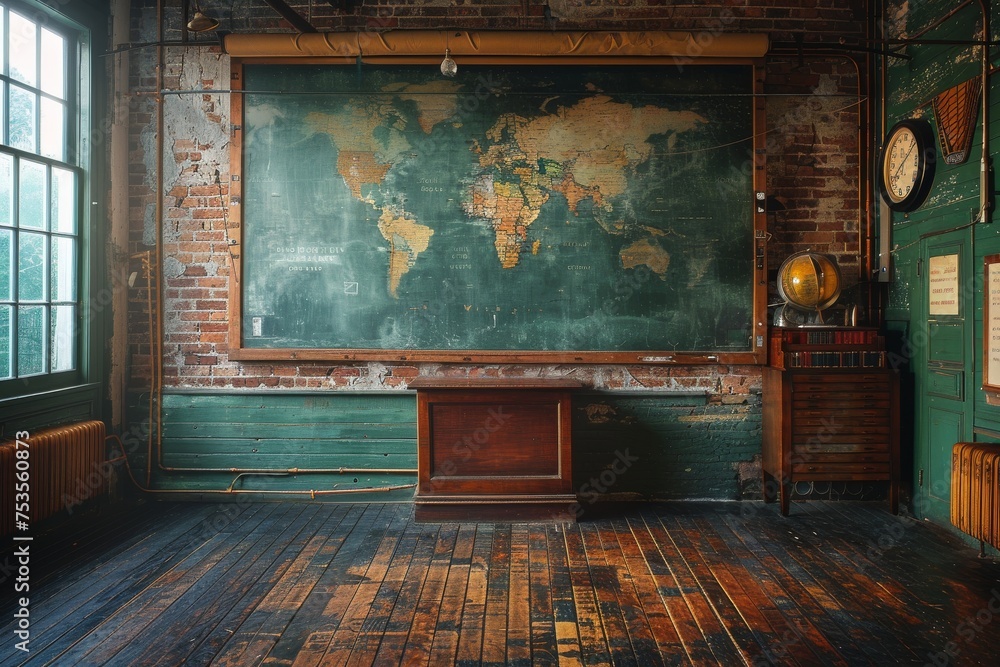 The timeless appeal of an old classroom featuring a worn world map on a ...