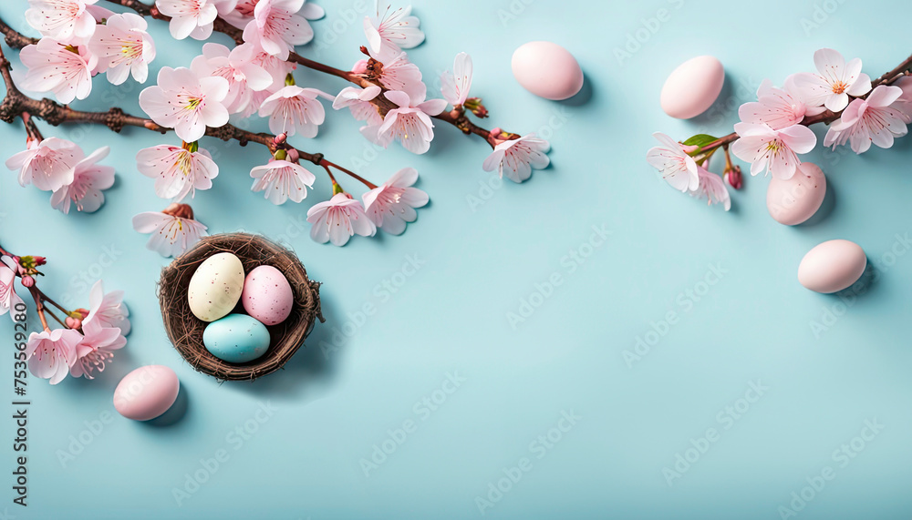 Easter light blue background anchors a delicate border of soft pink ...