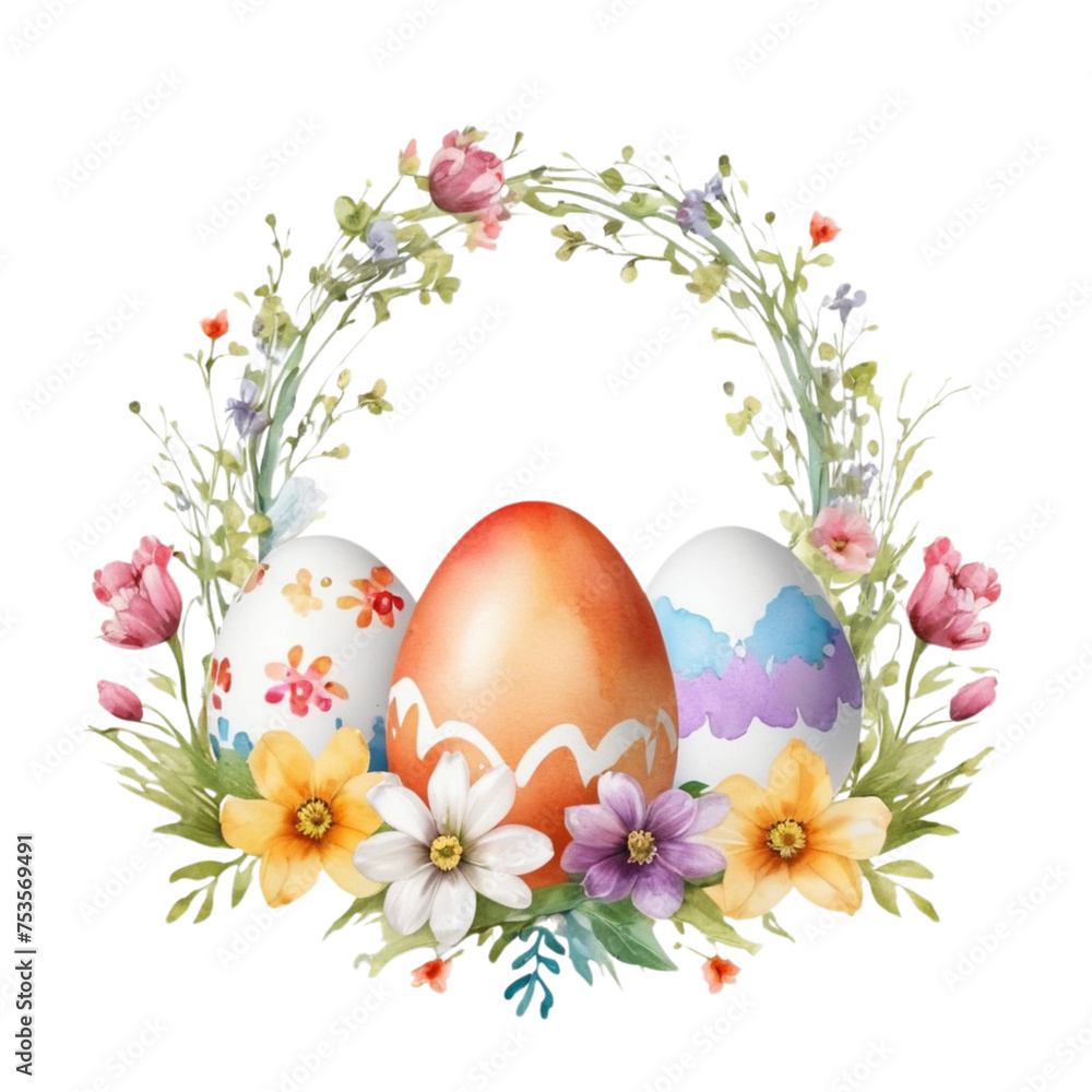 colorful watercolor easter bunny and easter eggs with flowers on ...