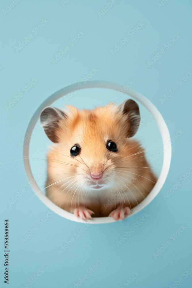 Cute hamster peeking out of a hole. teal background surface wall ...