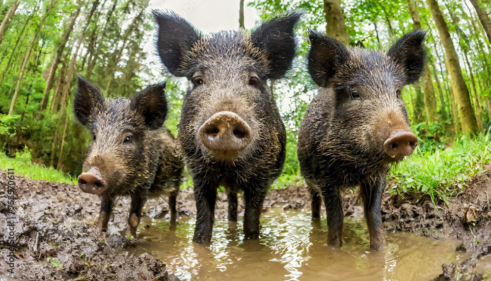 Closeup, front view and bottom view of a family of wild boar standing ...