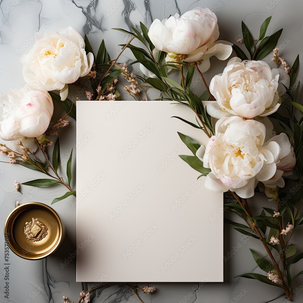 Message with peonies. White blank A4 paper sheet mockup and white ...