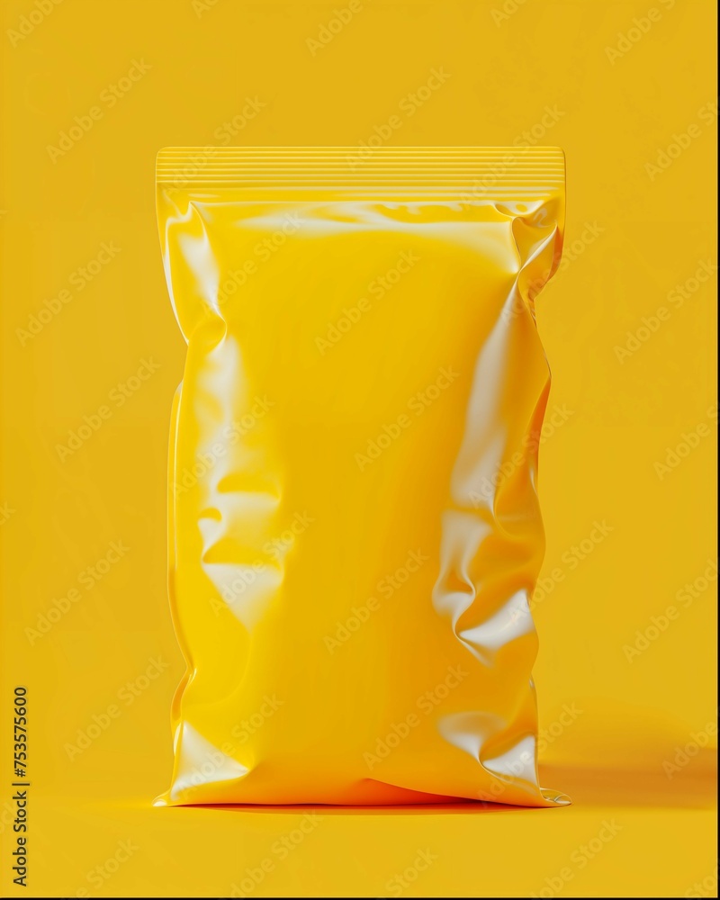 A shiny, metallic yellow flexible packaging pouch is presented against ...