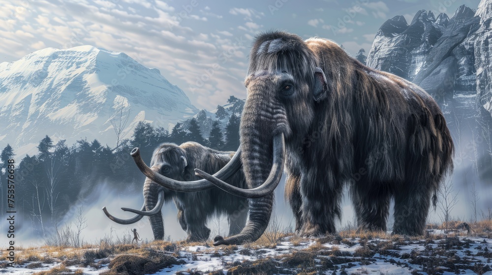 Woolly mammoth, prehistoric animal in frozen ice age landscape Stock ...