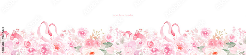 Watercolor pink floral borders, bouquets. Light pink flowers, leaves ...