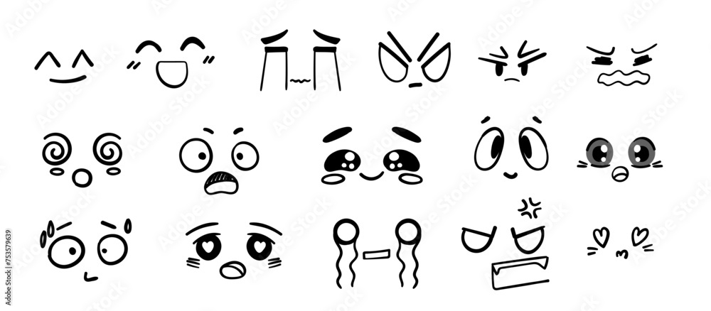 Set of hand-drawn cartoon anime expressions and doodle signs, arrows ...