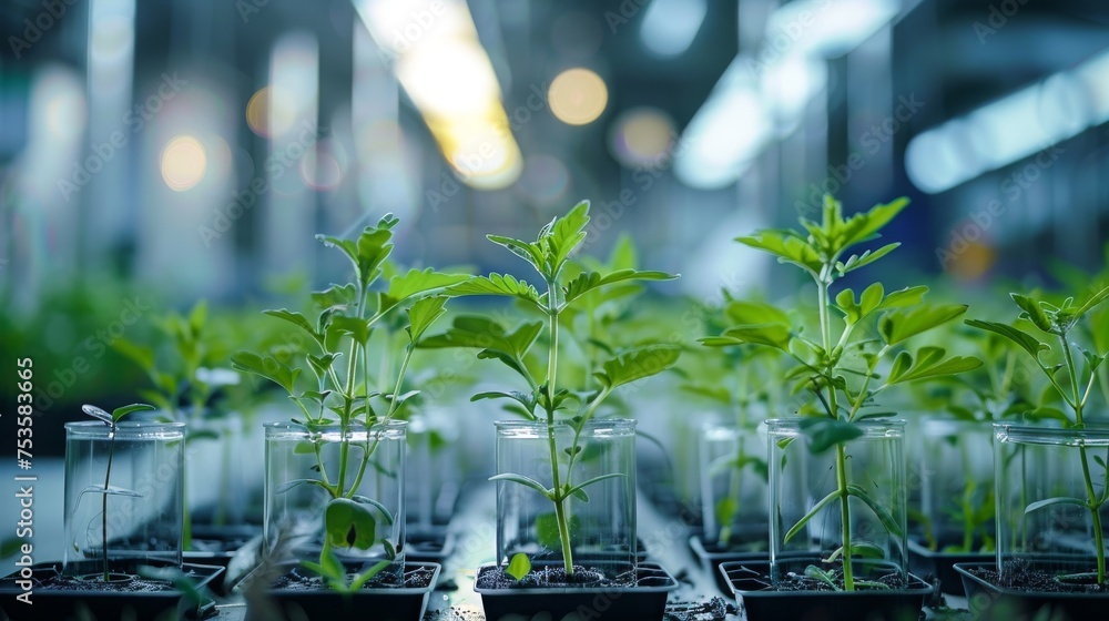 Many green plants in test tubes. Biotechnology, Science of Genetic ...