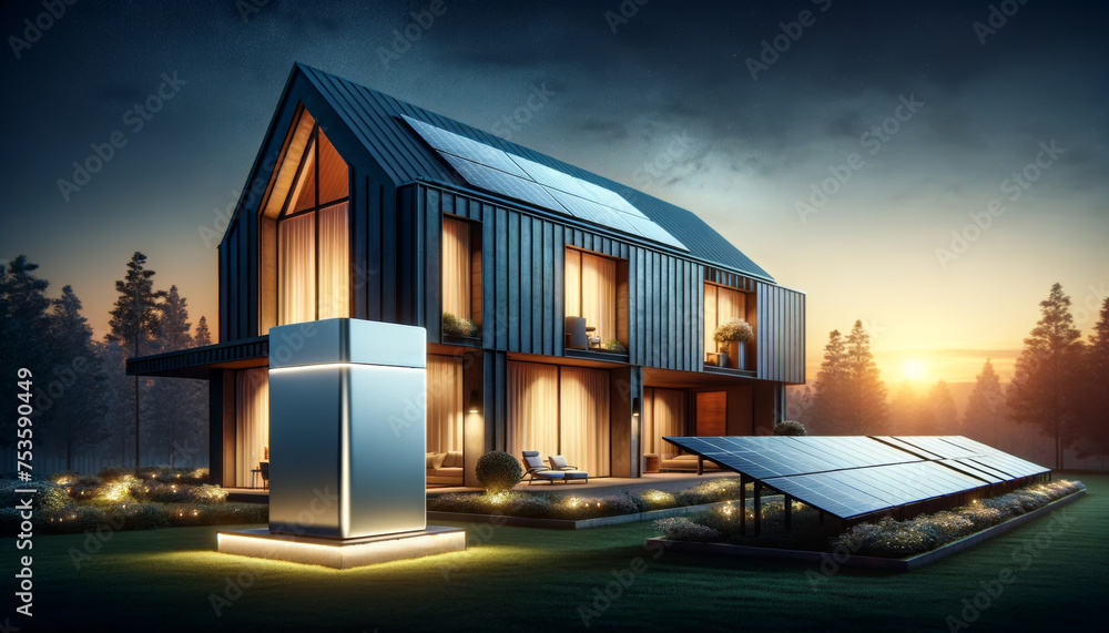 Battery powers modern house with solar energy, eco-friendly, innovative ...