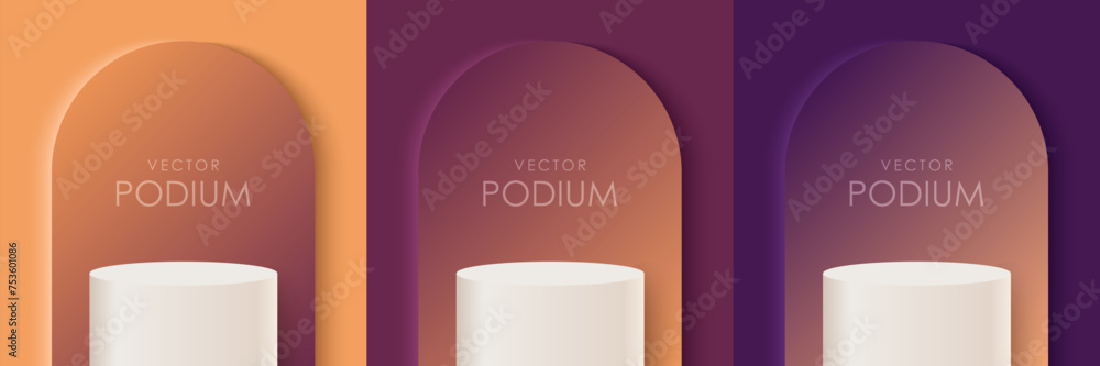 Set of orange and purple 3D background podiums. Studio showroom ...