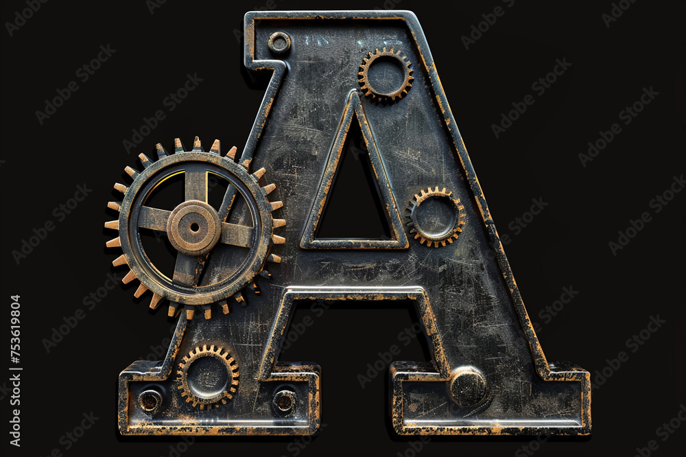 Metallic steampunk alphabet with gears and rivets isolated on black ...