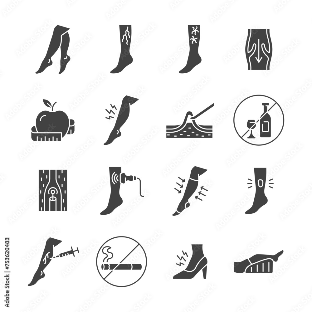 Varicose veins glyph icon set. Leg veins thrombosis disease. Treatment ...