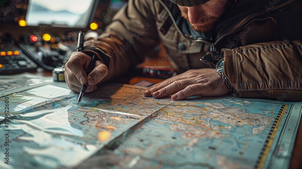 Pilot Examining Aeronautical Chart in Cockpit. A focused pilot in a ...