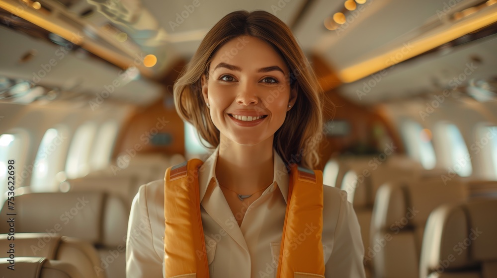 Flight Attendant. Welcoming flight attendant in a private jet cabin ...
