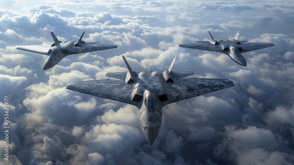 Squadron of stealth fighter jets flies in perfect formation above a ...