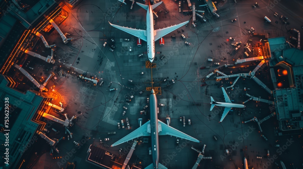 Aerial View of Airplanes at Airport Terminal Gates. Overhead view ...