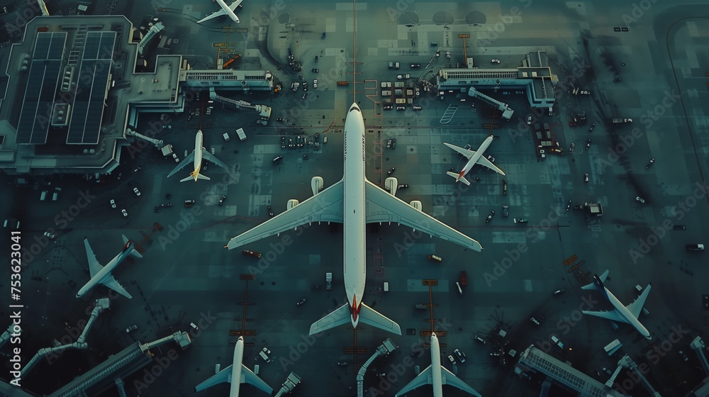 Airport Runway Aerial View with Multiple Parked Airplanes. An aerial ...