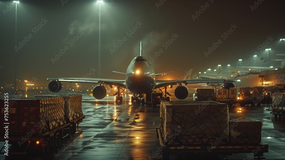Airplane on Tarmac at Night with Cargo. Illuminated aircraft parked on ...