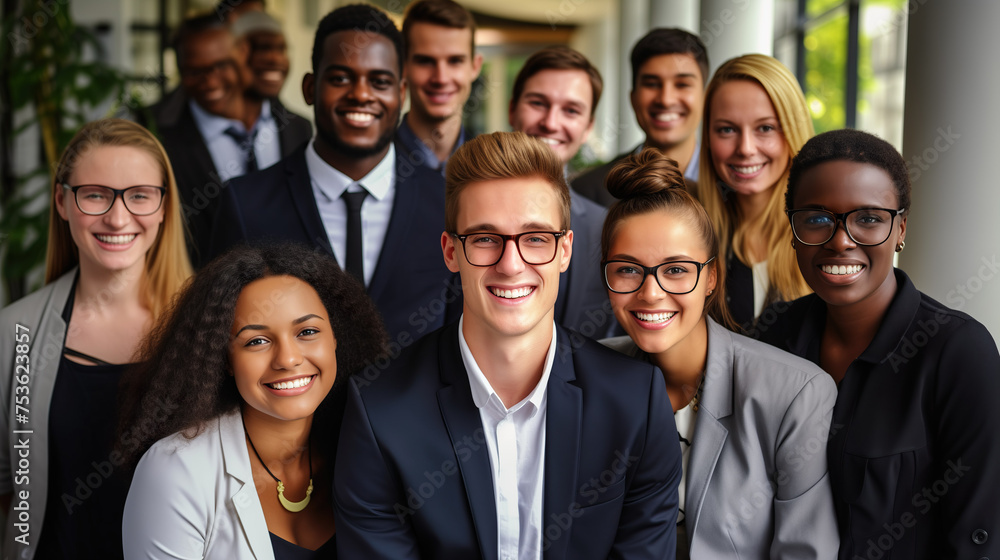 Diverse group of employees project team standing together in modern ...