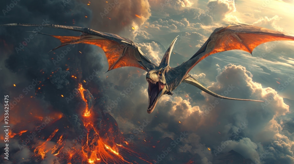 Flying dinosaur, Pterodactyl, flying over an erupting volcano with fire ...