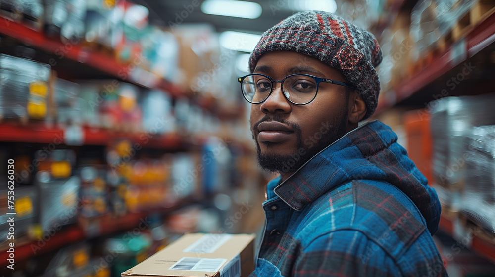 salesman in a hardware warehouse standing checking scan box in ...
