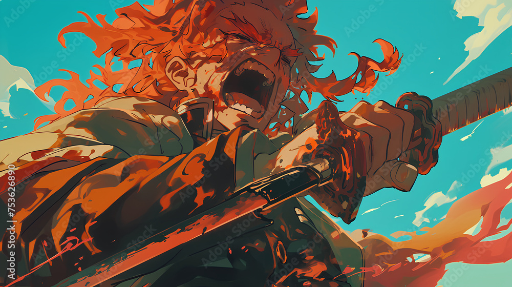 angry flame haired anime man screaming while holding katana Stock ...