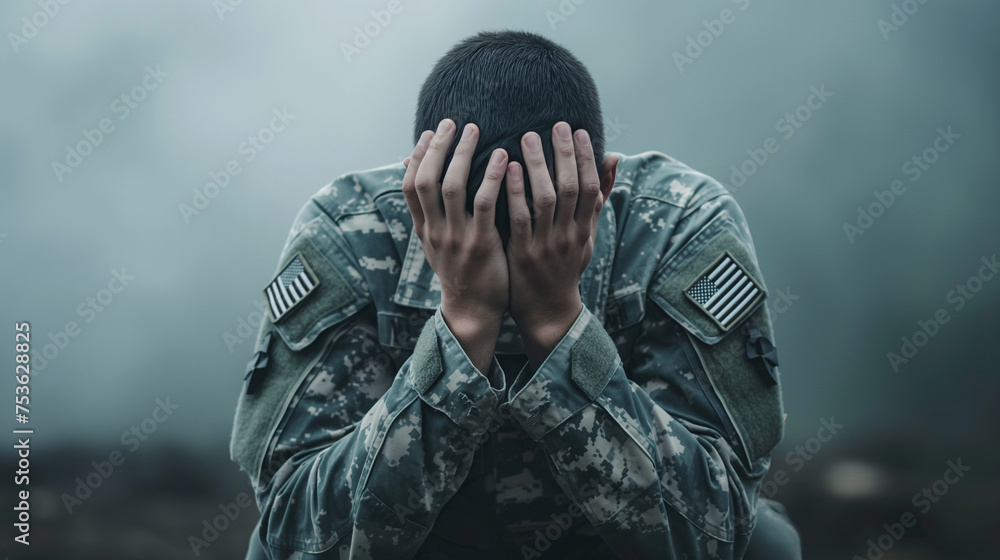 PTSD concept military man sits on a color background soldier suffers ...