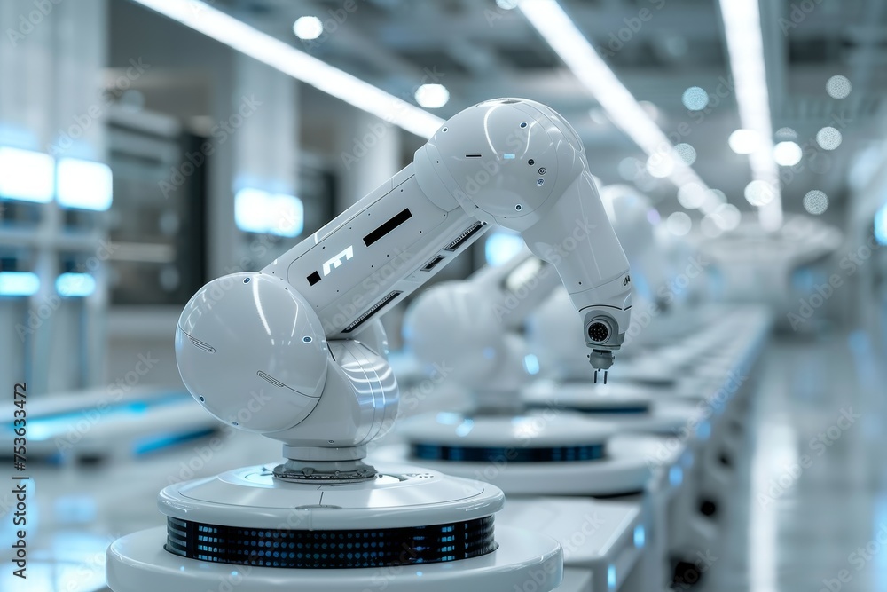 Precision robotic arms in modern manufacturing facility. Automation and ...