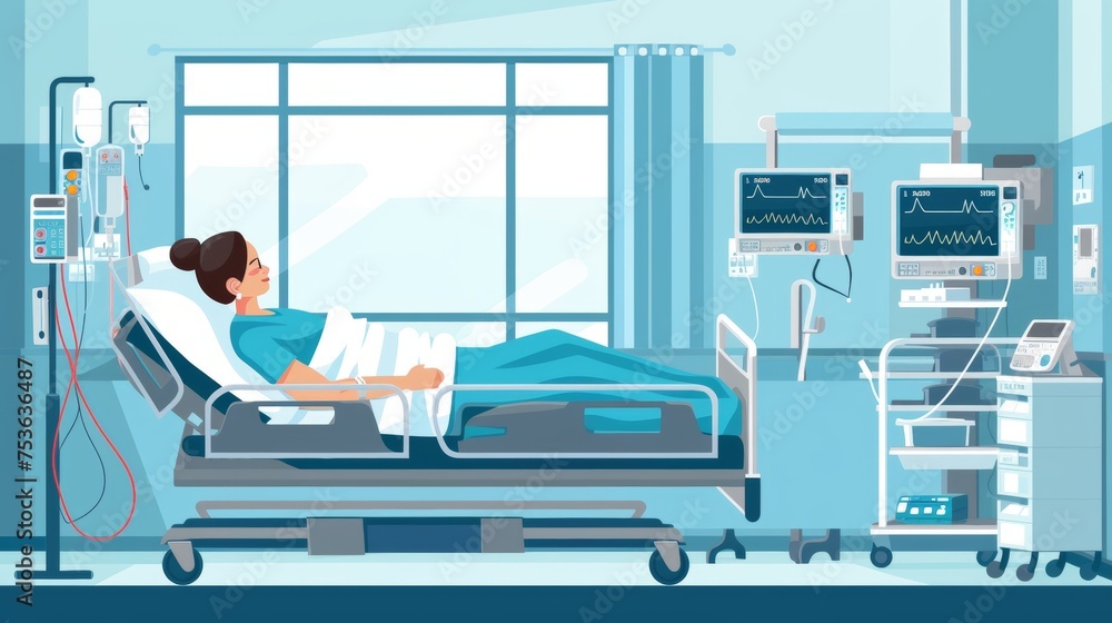 Patient room interior view with bed and equipment in a hospital. Stock ...