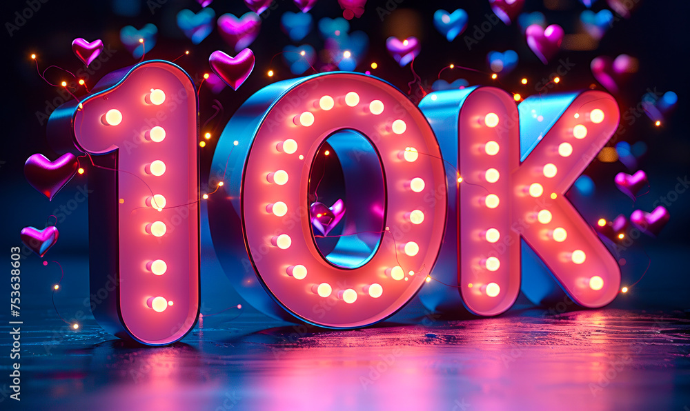 Celebratory 10k sign glowing with festive lights and floating hearts ...