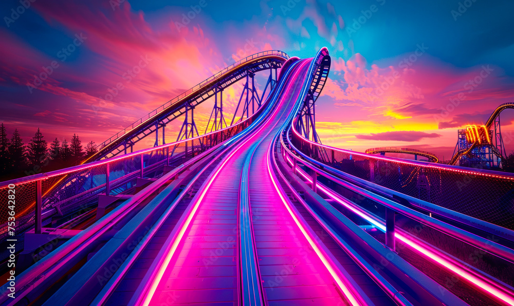 Dynamic roller coaster tracks glowing with neon lights under a vibrant ...