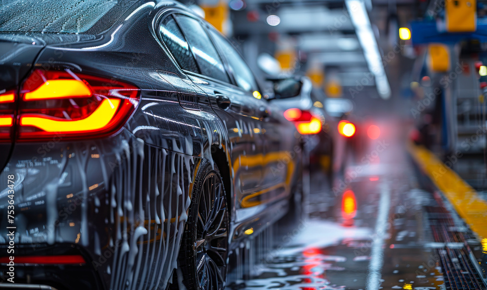 Premium black sedan car undergoing a deep clean with high-foam soap at ...