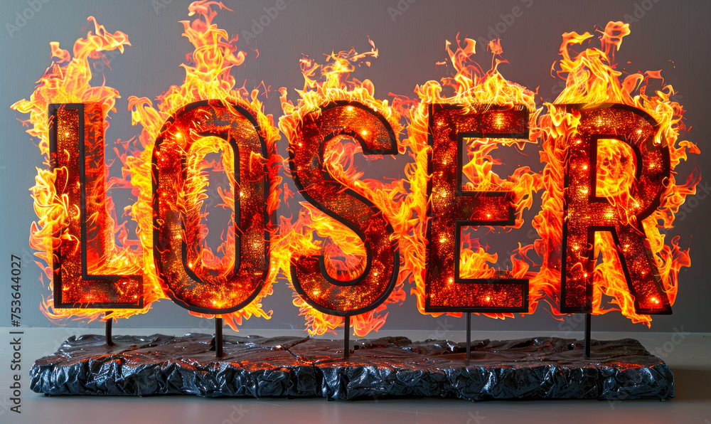 Bold text LOSER in fiery 3D letters on a clean white background ...