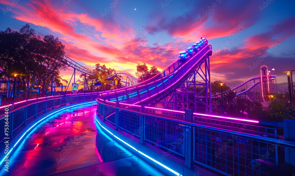 Dynamic roller coaster tracks glowing with neon lights under a vibrant ...