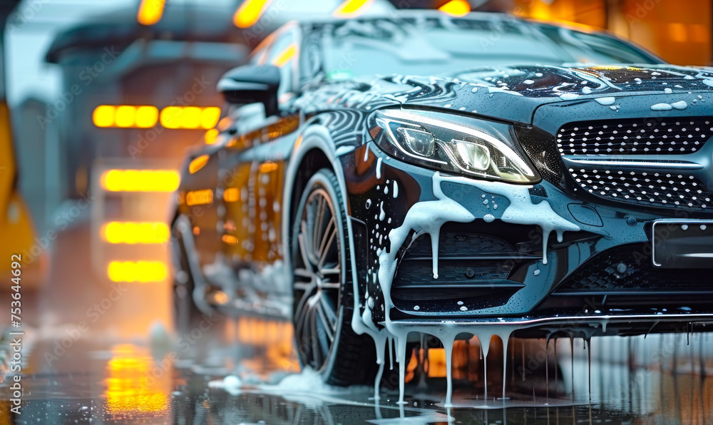 Premium black sedan car undergoing a deep clean with high-foam soap at ...