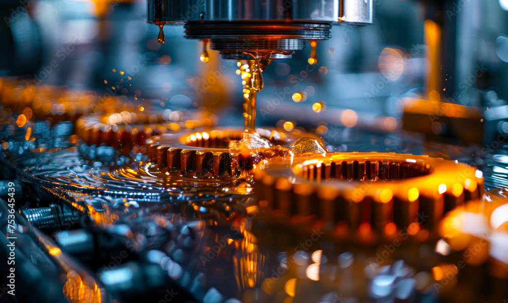 Dynamic splash of motor oil on precision gears, symbolizing high ...