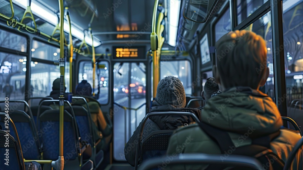 the feeling of riding on a bus, a man getting on or off a bus, or shots ...