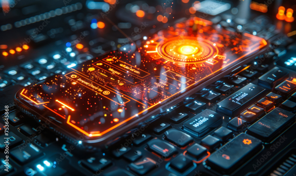 Futuristic smartphone on a keyboard with glowing digital checklist ...