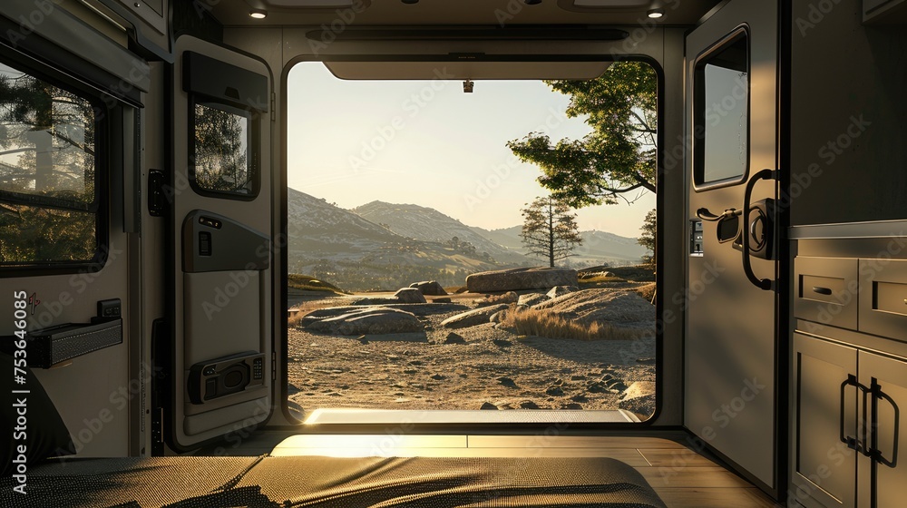 street views and open rear doors to convey the feel of an RV. Landscape ...