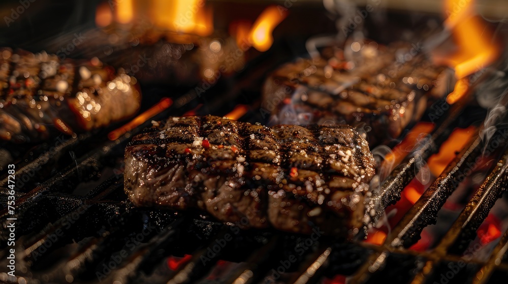 Foto de the sizzling action and smoky ambiance of T-bone beef steaks as ...