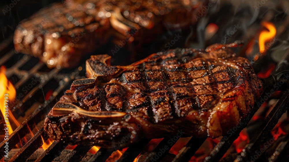 the sizzling action and smoky ambiance of T-bone beef steaks as they ...